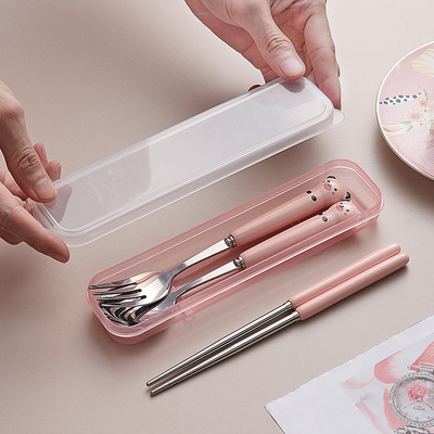 Cartoon style portable tableware, student fork spoon chopstick cutlery box, travel set, children's stainless steel fork