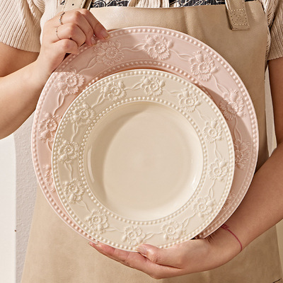 Relief strawberry plate, vegetable plate, household 2026 bowl, ceramic tableware, high aesthetic value, deep plate, sou