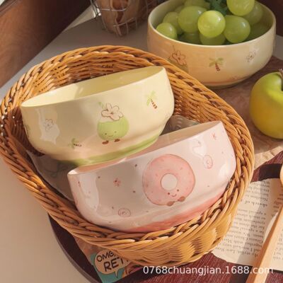 Two fruit filled 6-inch instant noodle bowls, ceramic underglaze color, student dormitory, large capacity household use