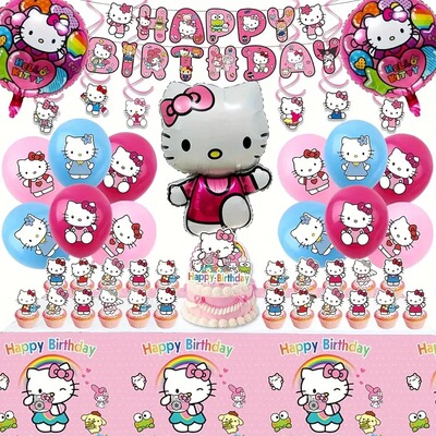 Cross border KT cat themed party decoration for children's birthdays, flag raising cakes, branded balloons, tablecloths