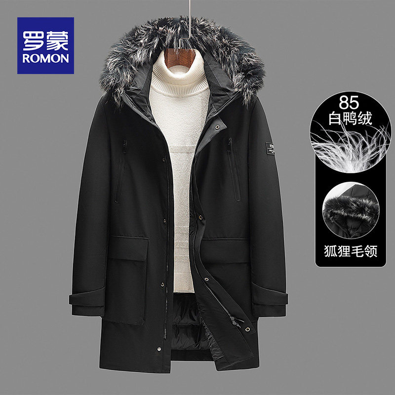 罗蒙男士厚款羽绒服2023秋冬新款休闲长款上衣连帽毛领保暖外套男_虎窝淘