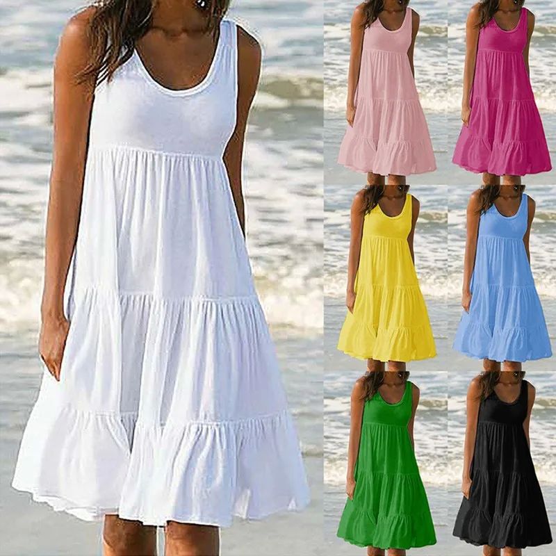纯色无袖拼接休闲连衣裙女 Solid color sleeveless casual dress