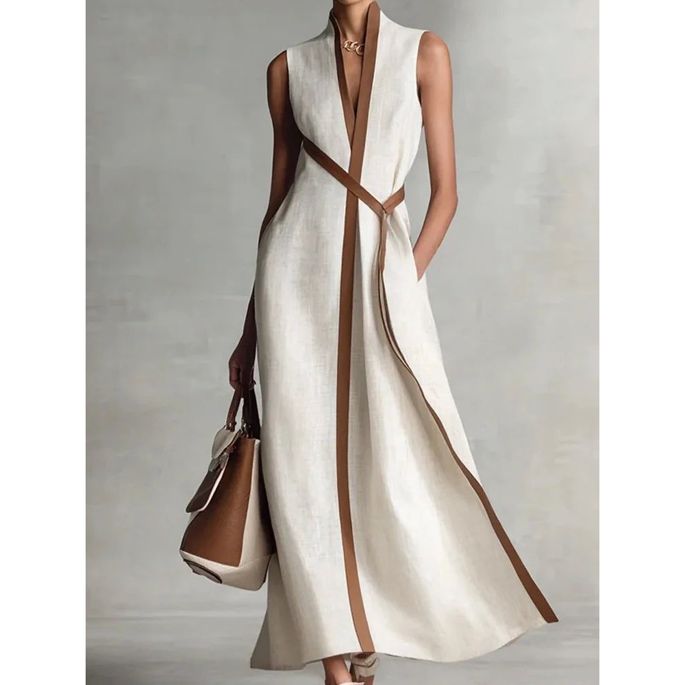 女士无袖V领撞色休闲连衣裙Sleeveless V-neck contrasting dress
