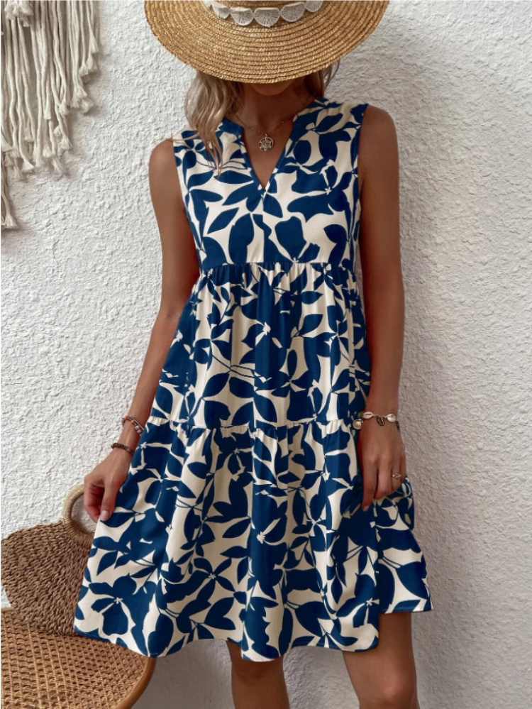 V-neck pleated printed A-line dress V领褶皱印花A字裙连衣裙女
