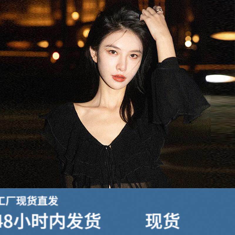 黑色蕾丝防晒衬衫女士夏季薄款高级感外披小披肩短款开衫雪纺上衣