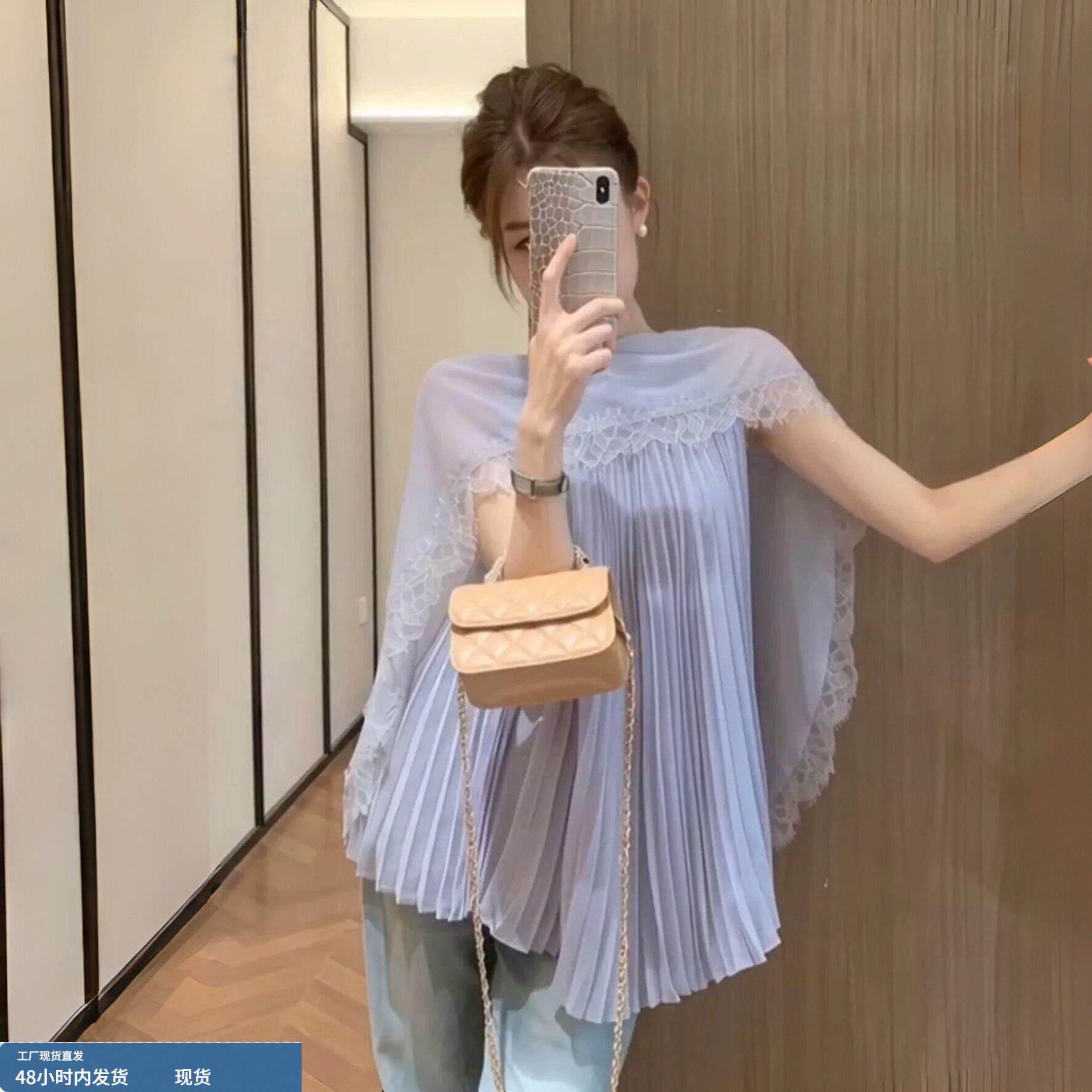 独特漂亮紫色百褶雪纺衫女夏季蕾丝宽松娃娃衫高级感巨好看薄上衣