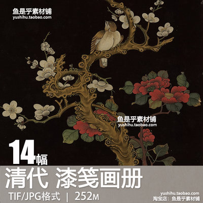 清代 漆笺画册 清人绘清代彩绘工笔花鸟图册参考装饰电子图片素材