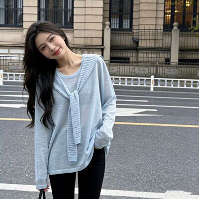 春装冰丝防晒假两件披肩毛衣女