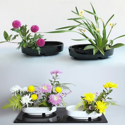 小原流花道小判椭圆青瓷蓝色陶瓷花器剑山插花花艺陈设家居摆放