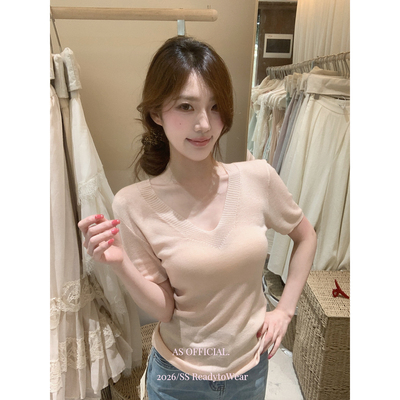 26新款颜瘦瘦版型v领针织小衫简约百搭款冰丝感T恤上衣女16135