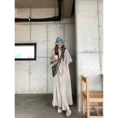 新款时尚简约高定立裁衬衫裙荷叶领长裙女宽松慵懒连衣裙YY7269
