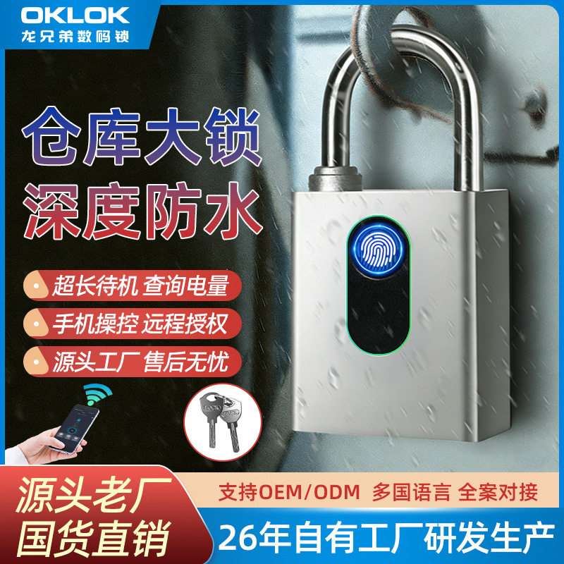 仓库大门指纹挂锁户外防水家用庭院铁门电子锁具智能密码锁带钥匙