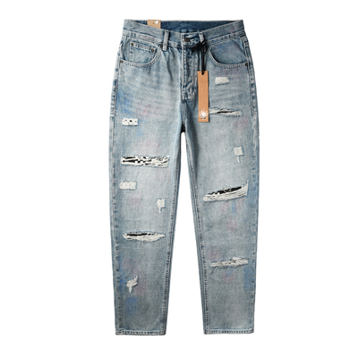 KUS jeans牛仔裤男宽松直筒裤欧美式高街破洞补丁潮牌休阔腿裤