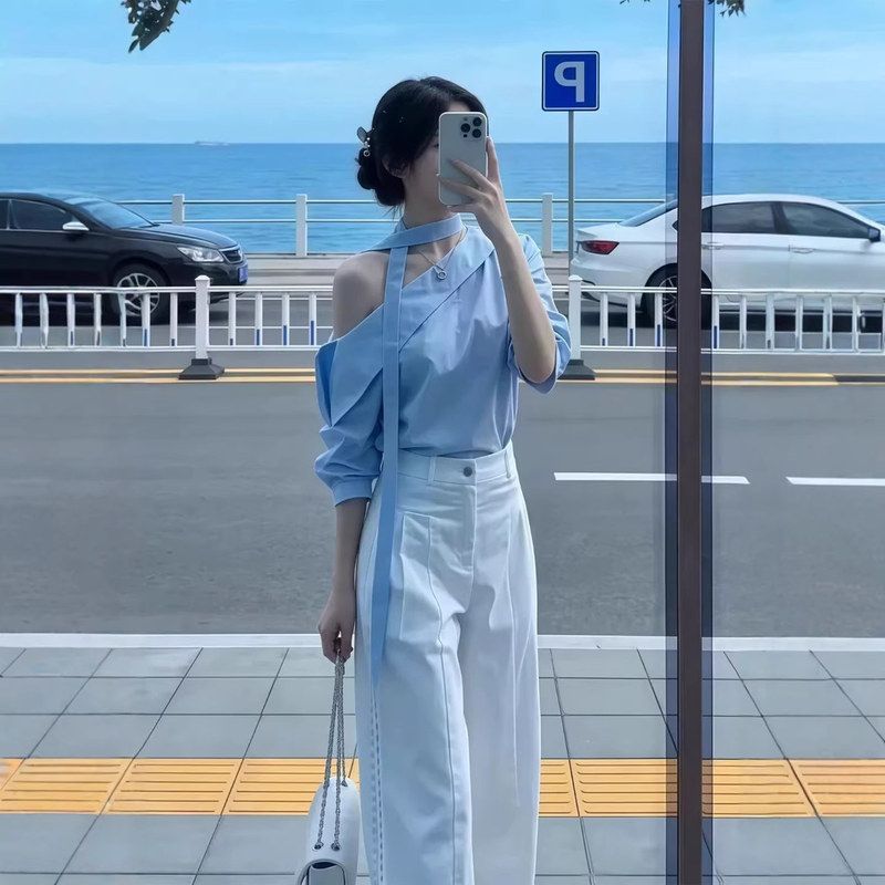 春夏季新款搭配一整套端庄大气轻奢感韩系独特漂亮蓝色衬衫套装裤