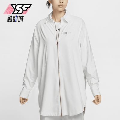 耐克女士简约翻领休闲长款外套
