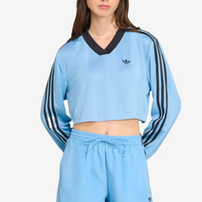 Adidas阿迪达斯正品ADICOLOR Soccer女宽松短款长袖V领T恤JV9738