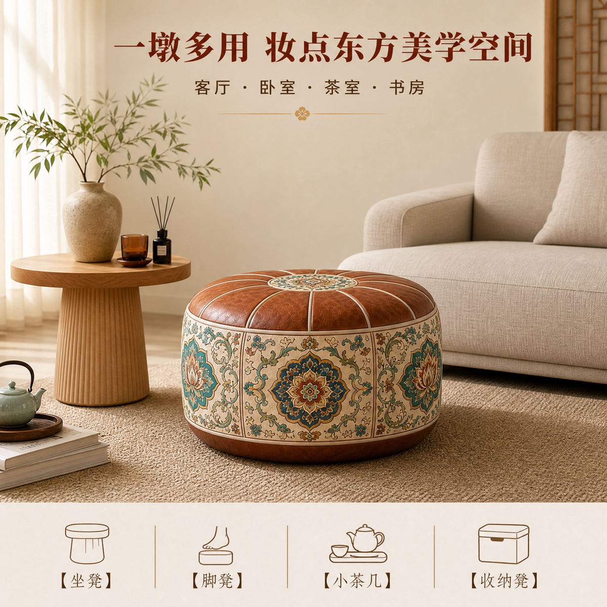 敦煌风中式刺绣圆形收纳凳多功能坐凳储物凳客厅卧室