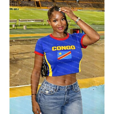Women Congo Flag Crop Tops Short Sleeve Ringer T-Shirt Congo