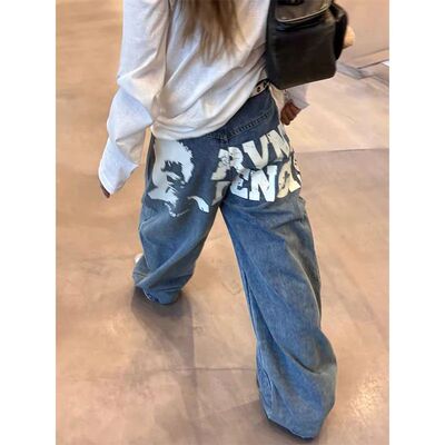 Autumn Women's Blue Y2k Baggy Jeans Harajuku Vintage Printin