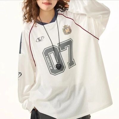Y2K T shirt Retro No 07 Letter Print Graffiti Plaid Jersey L