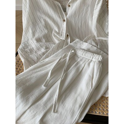 White Cotton and Linen Wide-leg Pants Women's Summer Thin El