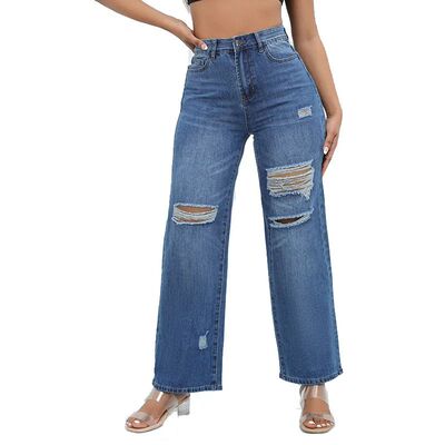 Women Casual Jeans Flare Pants Knee Holes Ripped Distressed