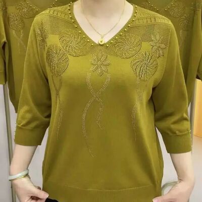 Summer Round Neck Solid Color Ice Silk Knitted Pullover T-sh