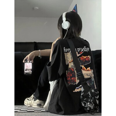Korean Fashion Women T-shirt Old Newspaper Printed 100% Cott