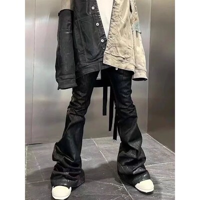 Streetwear Black Wax Leather Strecth Jeans for Men Ropa Homb