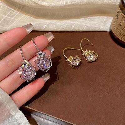 轻奢小众精致镂空锆石玫瑰花耳环