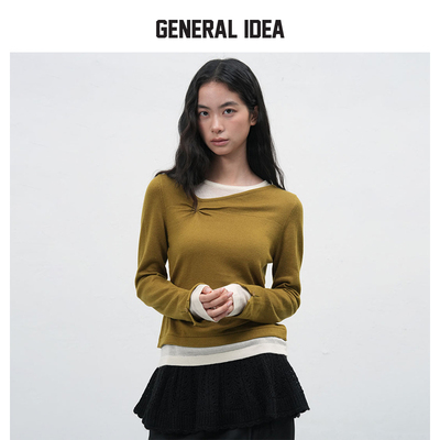 【折扣】GENERAL IDEA不规则宽领褶皱假两件打底衫长袖针织衫女修