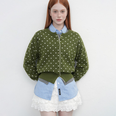 【现】General idea日韩系经典波点拼色针织开衫小圆领女薄款外套