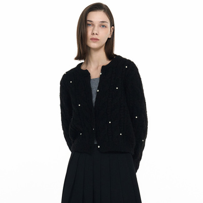 【姜惠元同款】General idea 珍珠镶嵌绞花细纱法式保暖开衫毛衣