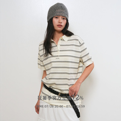 【现】GENERAL IDEA 韩国正品松条纹翻领针织衫polo领短袖t恤女夏