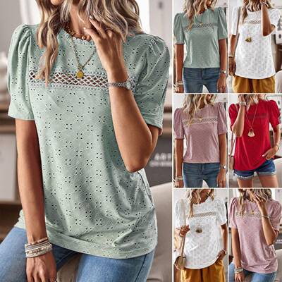 Plus Size Tops for Women Crewneck Puff Short Sleeve Summer