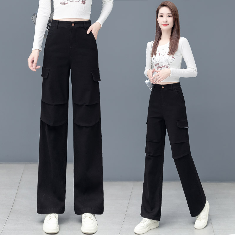 黑色多口袋工装裤女秋季新款2026年宽松显瘦高腰休闲阔腿裤工装风