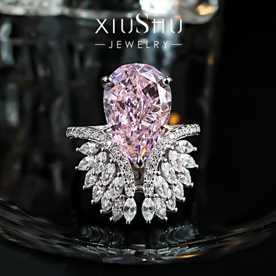 天使之翼水滴粉钻925银戒指镶嵌高碳钻雷迪恩碎冰切气质百搭小众