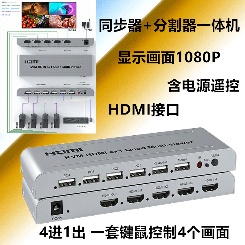 HDMI分屏器同步器一体机四进一出无缝切换四画面分割器全新批发