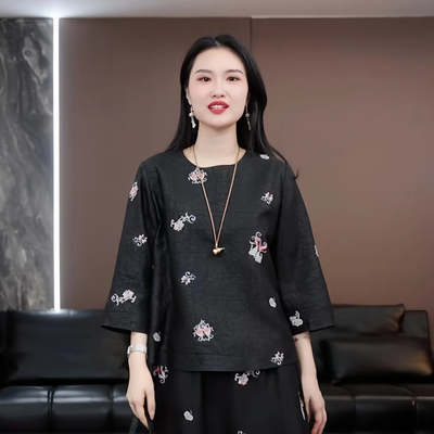 【丹墀】徐淼淼夏'静赏流年'国风非遗刺绣龟裂纹香云纱上衣CN2458