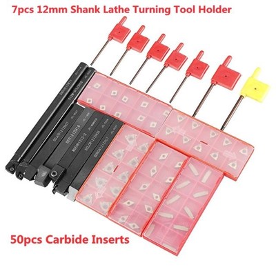 Drillpro 50pcs Carbide Inserts With 7pcs 12mmQ Shank Lathe T