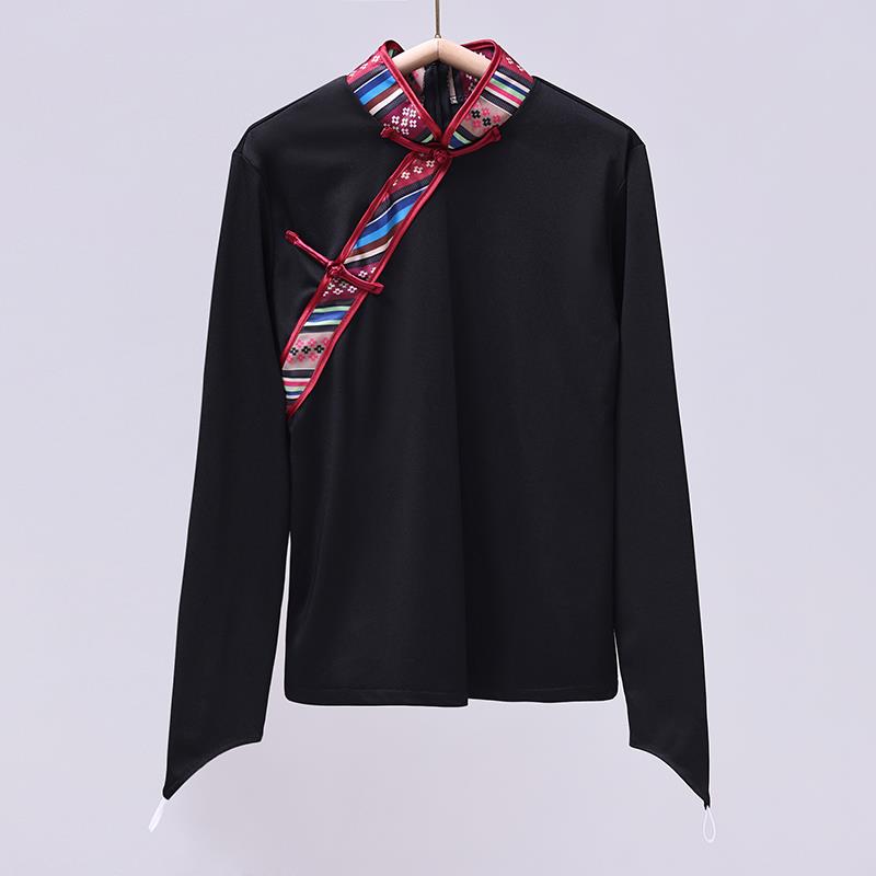 藏族舞蹈演出服装上衣长袖2023新款藏式练功服牛奶丝弹力修身女款