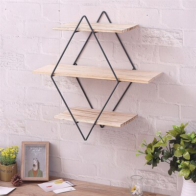 Rhombus wrought iron wooden wall shelf racks Vintage sZolid