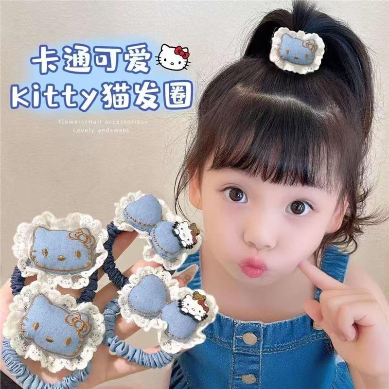 可爱牛仔卡通Kitty猫发圈蕾丝花边少女感扎发头绳儿童萌趣头饰