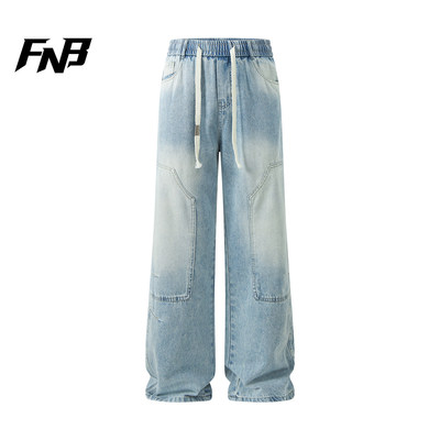 FNB夏季休闲水洗牛仔裤男女宽松直筒阔腿长裤抽绳松紧腰美式复古