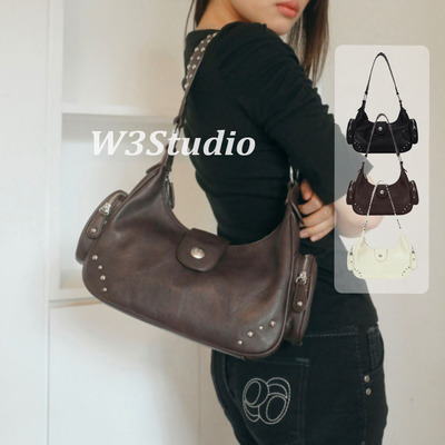 W3Studio韩系小众新款ason机车包铆钉腋下斜挎包可拆卸肩带单肩包