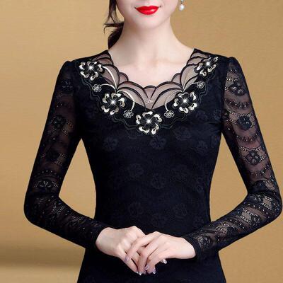 Women's V-Neck Long Sleeve Lace Patchwork Fitted Top