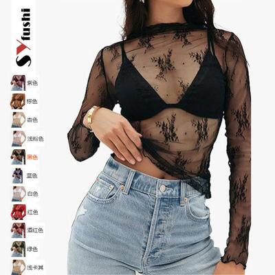 Women Scalloped Sheer Lace Sleeve s Long Top