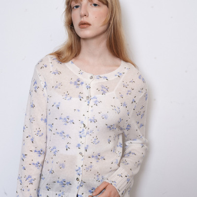 demi et demi Before Sunrise50%绵羊毛白色小碎花印花针织开衫