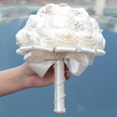 Ivory Color Bride Bouquet wSoft Ribbon Silk Wedding Flowers