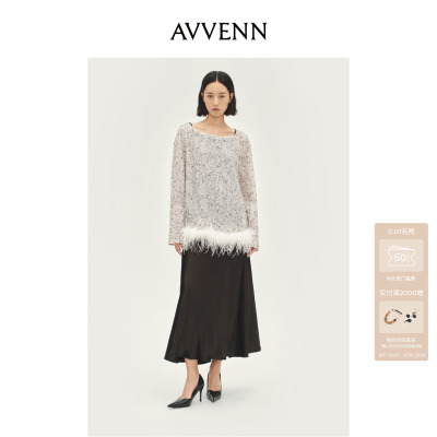 AVVENN长裙套装斜肩雪纺后V领带蕾丝连衣裙AL91101743